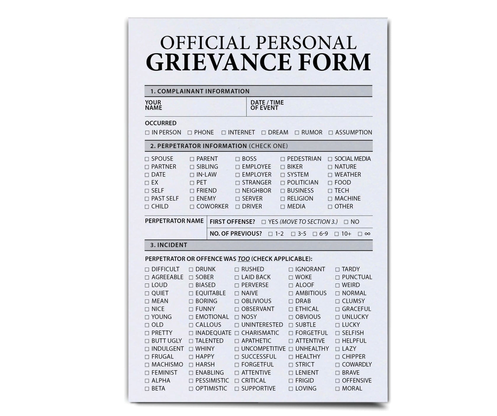 Personal Grievance Note Pad – FINCH and HARE